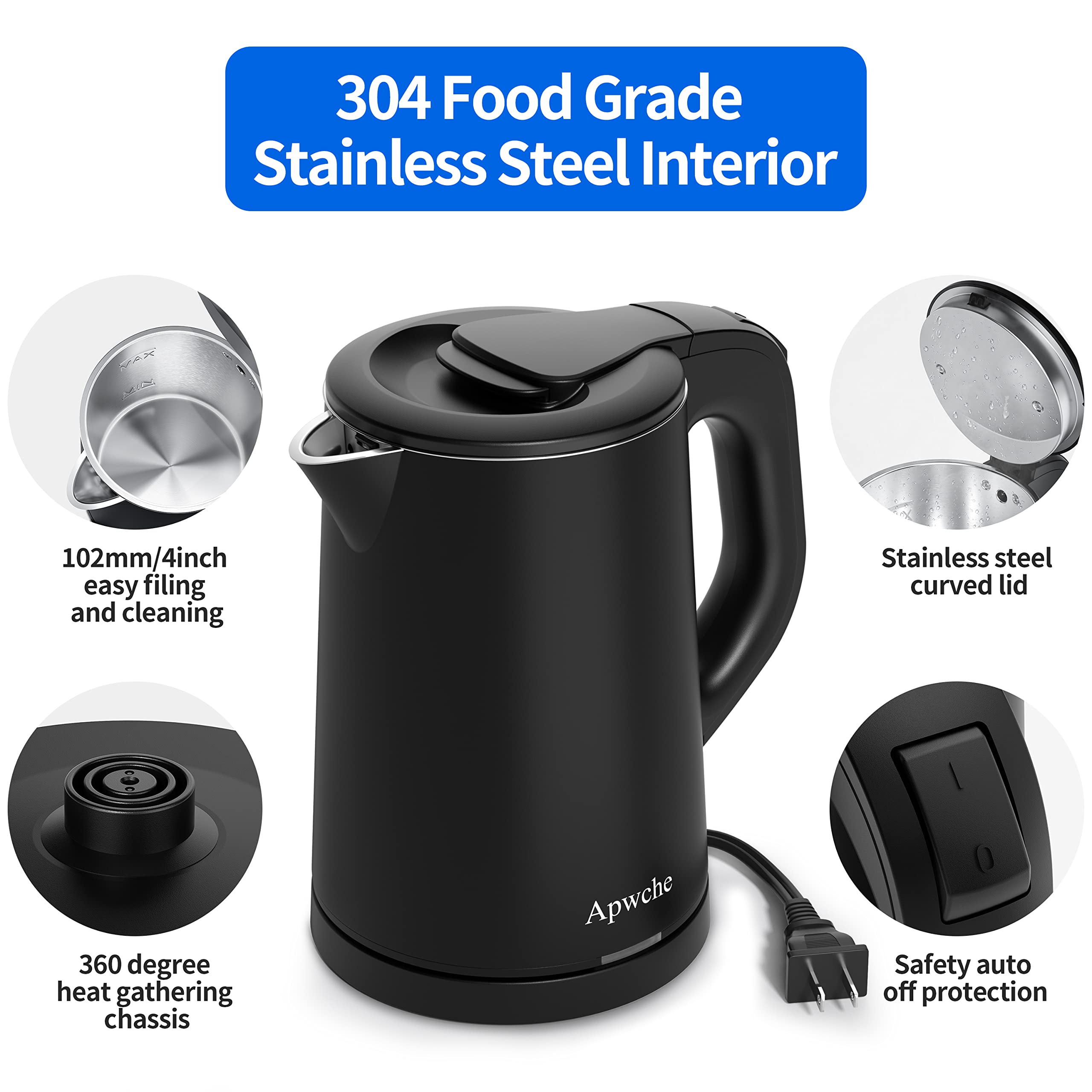 Apwche Small Electric Kettle, Portable Kettle with 304 Stainless Steel Travel Kettle 27oz/0.8L Electric Tea Kettle for Business Trip, Small Electric Kettle with Auto Shut-Off (black)