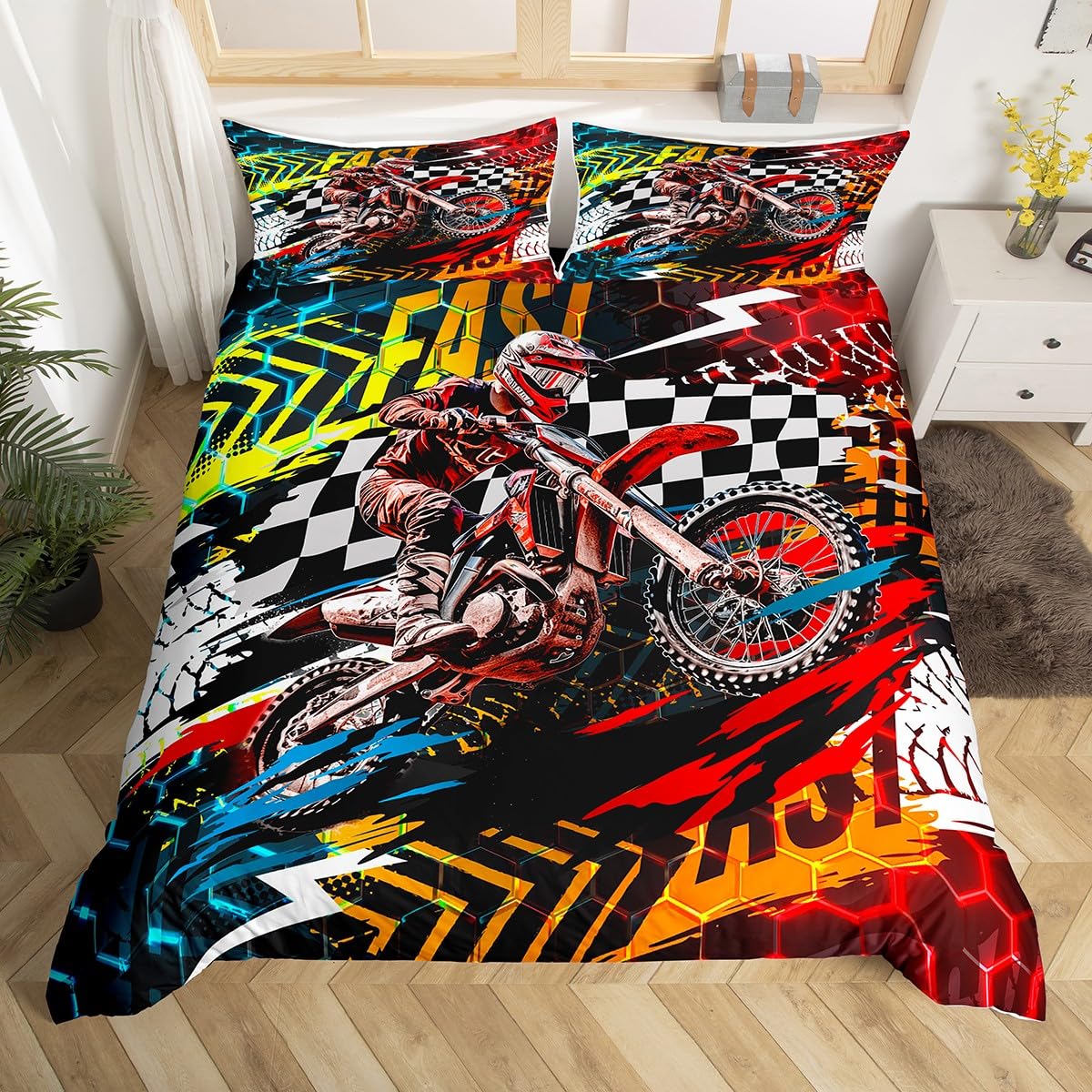 Motocross Rider Bedding Set Twin Size Kids Dirt Bike Comforter Cover Set for Boys Girls Teens Extreme Sports Motorbike Duvet Cover Cool Hexagonal Motorcycle Bedspread Cover Room Decor Quilt Cover