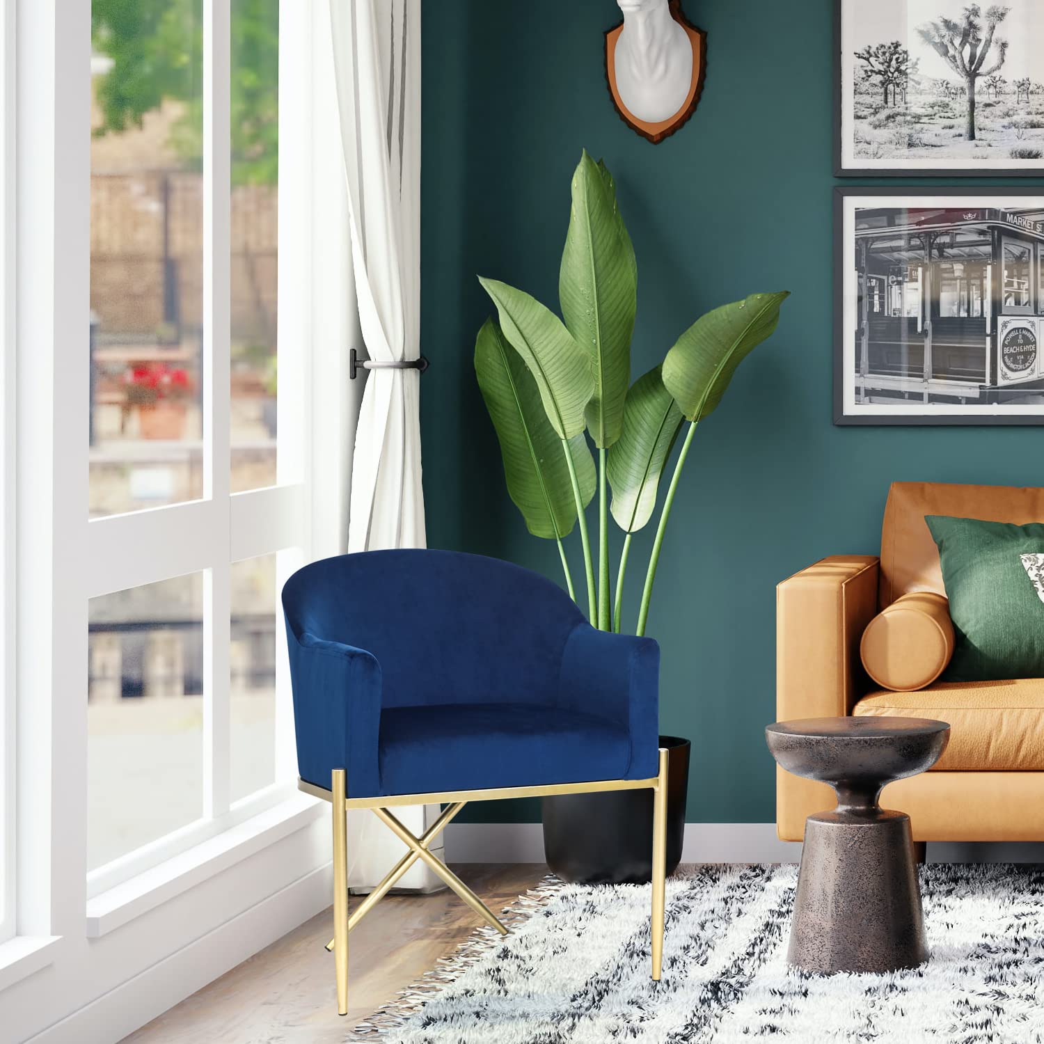 Adeco Velvet Upholstered Accent Golden Metal Legs, Corner Side Chair Single Sofa for Living Room Bedroom Office Armchair, Blue