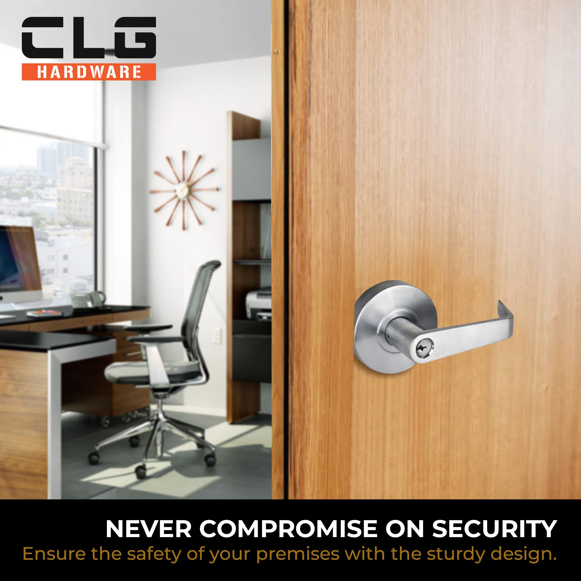 CLG HARDWARE Commercial Lever Door Lock - Heavy-Duty Locking Door Handle, Designer Door Handles, Cylindrical Lever Lock, Non-Handed Grade 2 Industrial Door Handle, 26D Satin Chrome, Classroom Function