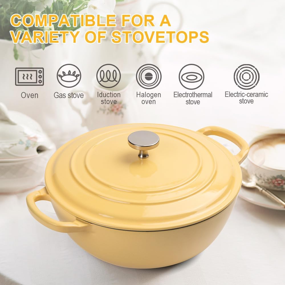 M-COOKER 4.5 Quart Dutch Oven Pot with Lid: Versatile Cast Iron Enamel Dutch Oven for Sourdough Bread Baking or Frying, Roasting, and Simmering(Yellow), 13.7Lx10.2Wx6H