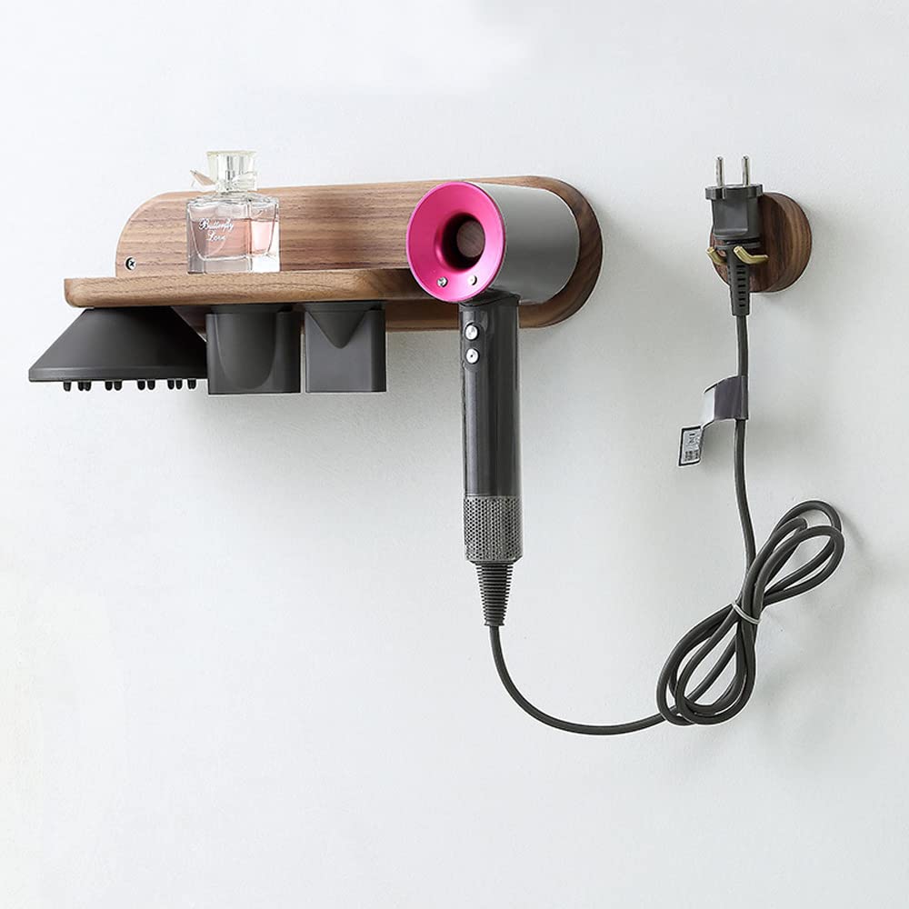 Wood Wall Mount Hair Dryer Holder for Dyson Supersonic, Walnut Bathroom Rack Magnetic Wall Bracket for Dyson Hair Dryer Power Plug, Diffuser and Nozzles Storage Organizer