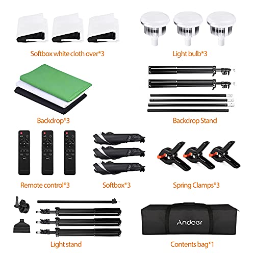Andoer Studio Photography Light Kit Softbox Lighting Set Including 85W 2800K-5700K Bi-Color Temperature LED Light * 3 + 50x70cm Softbox * 3 + 2M Light Stand * 3 + Boom Arm * 1 + Remote Control * 3