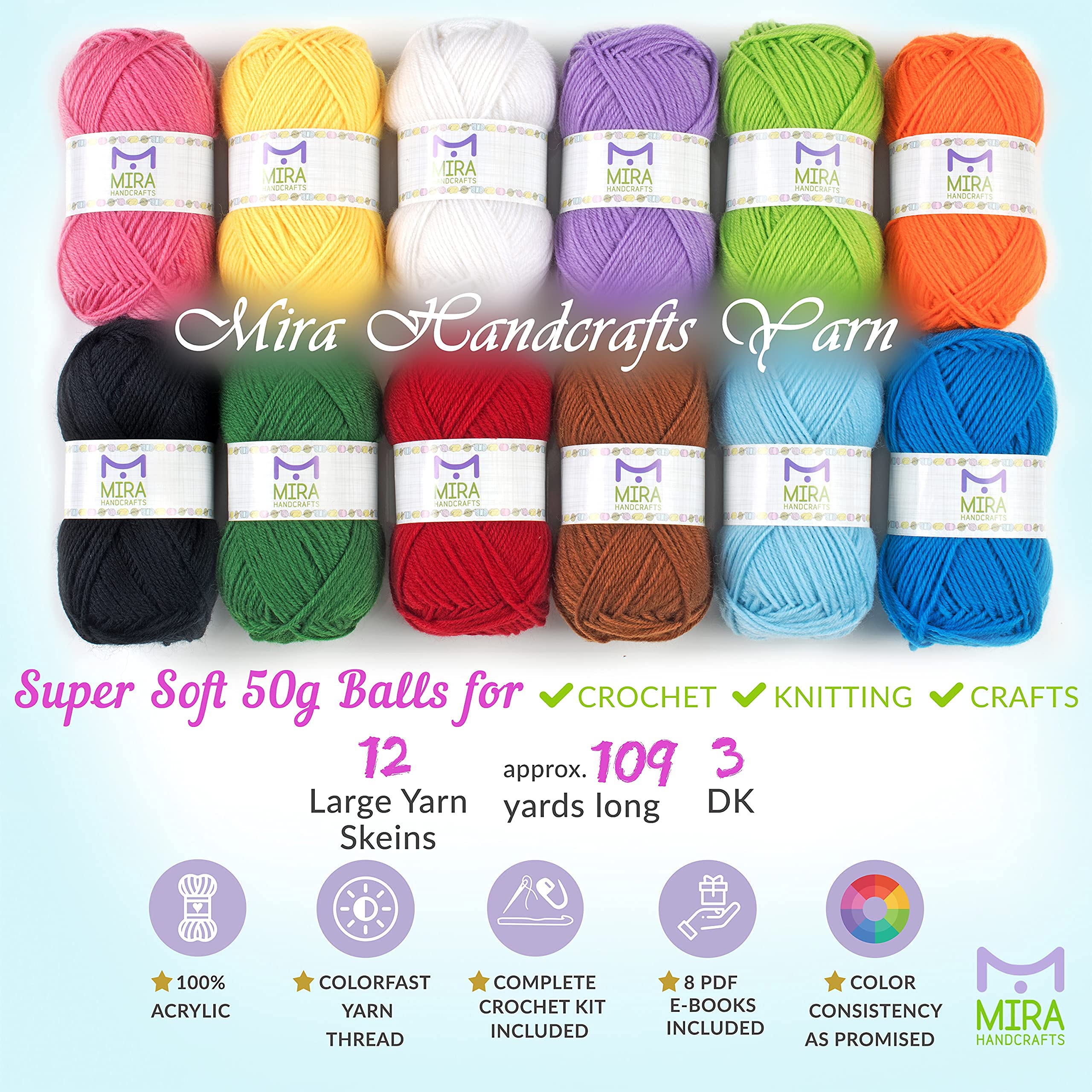 Acrylic Yarn Skeins Large 1.76 Ounce(50g) Each –12 Multicolor Knitting and Crochet Yarn Bulk –Starter Kit for Colorful Craft -7 Ebooks with Yarn Patterns -12 Pack + Accessories Set 1