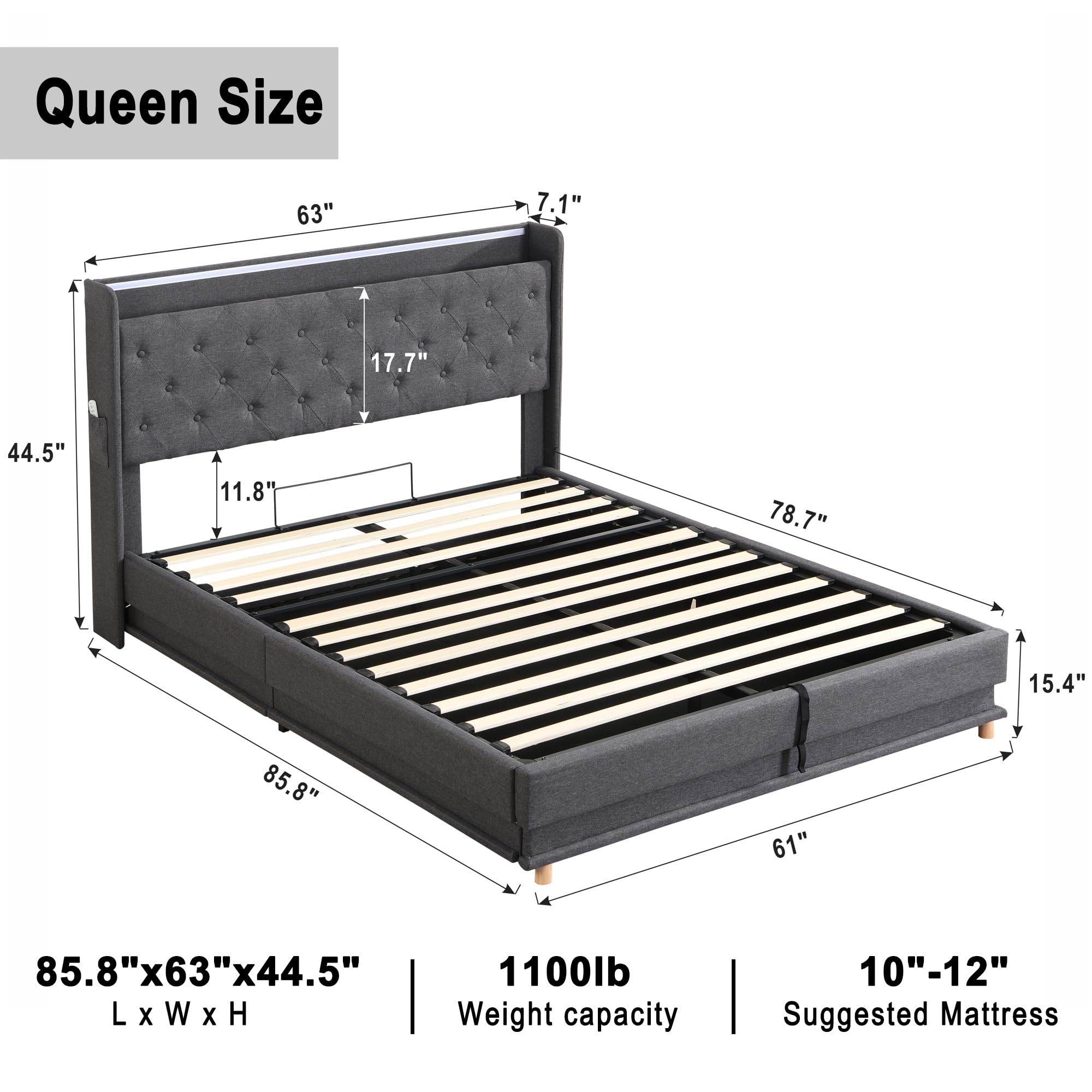 Ailisite King Size Lift Up Storage Bed Frame with Wingback Led Headboard, Upholstered Platform Bed Frame with Hydraulic Lifting Storage&Charging Station, No Spring Box Needed Wood Slats Support