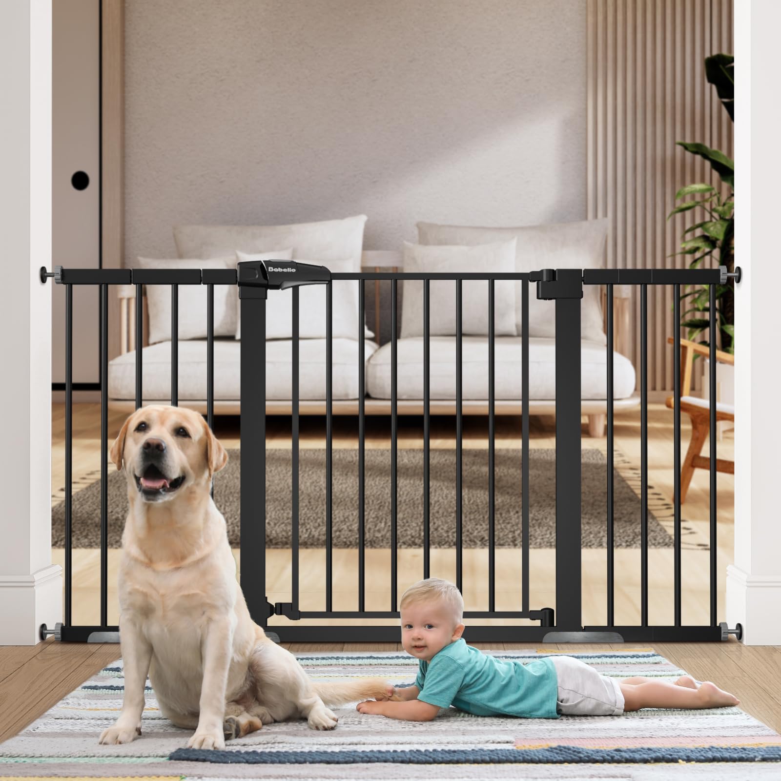 BABELIO 29-55 Inch Extra Wide Baby Gate, Metal Auto Close Dog Gate, Pressure Mounted Pet Gate for Doorways, NO Tools Needed NO Drilling, with Wall Cups, Black