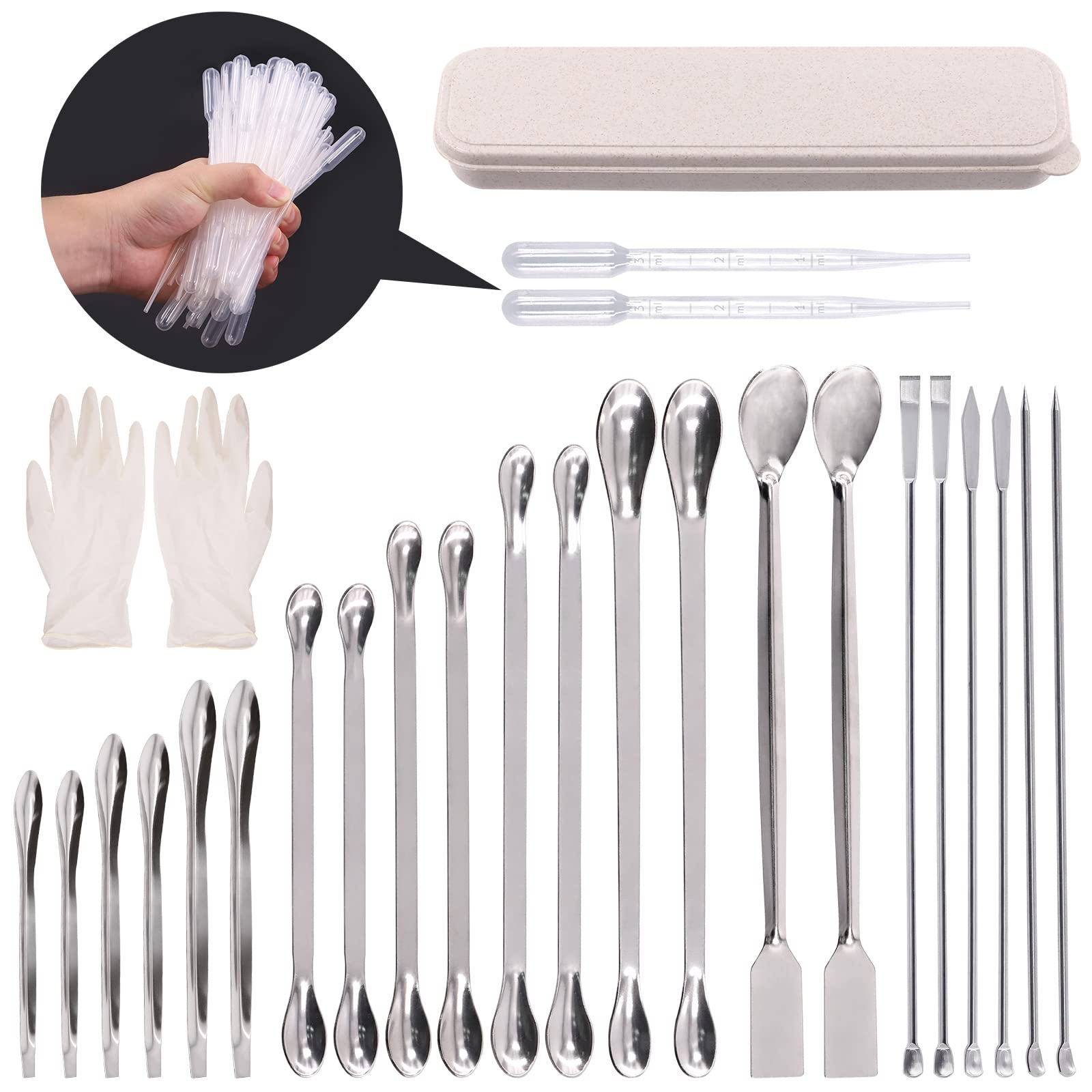 Swpeet 74Pcs Stainless Steel Micro Lab Scoop Spoon Lab Spatulas with 3ML Plastic Transfer Pipettes Kit, Pill Filler Tamper Tool Micro Spatula Steel Spoon Reagent Mixing Spatula Long Sampling Spoon