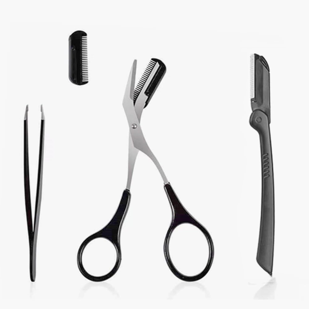 XUJINCN3-in-1 Eyebrow Scissors Kit,Eye Brow Cutter for Women,Eyebrow Grooming kit Specially Designed for Women,Include;Eyebrow Scissors with Comb, Hair Removal Tweezers, Facial Eyebrow Razor(Black)