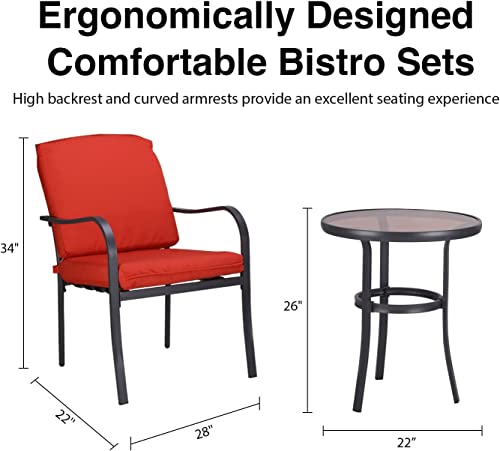 Barton 3PCS Outdoor Patio Bistro Set Chairs & Glass Table Set Porch All-Weather Cushion Furniture, Orange Red