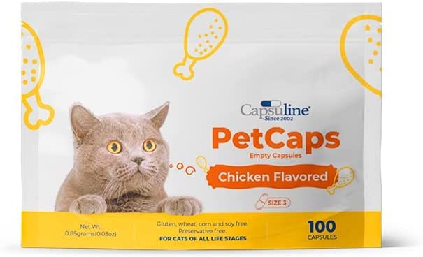 Capsuline Size 3 Empty Chicken Flavored PetCaps for Cats of All Life Stages - 100 Count - Empty Pill Capsules to Hide Medicine Taste and Scent
