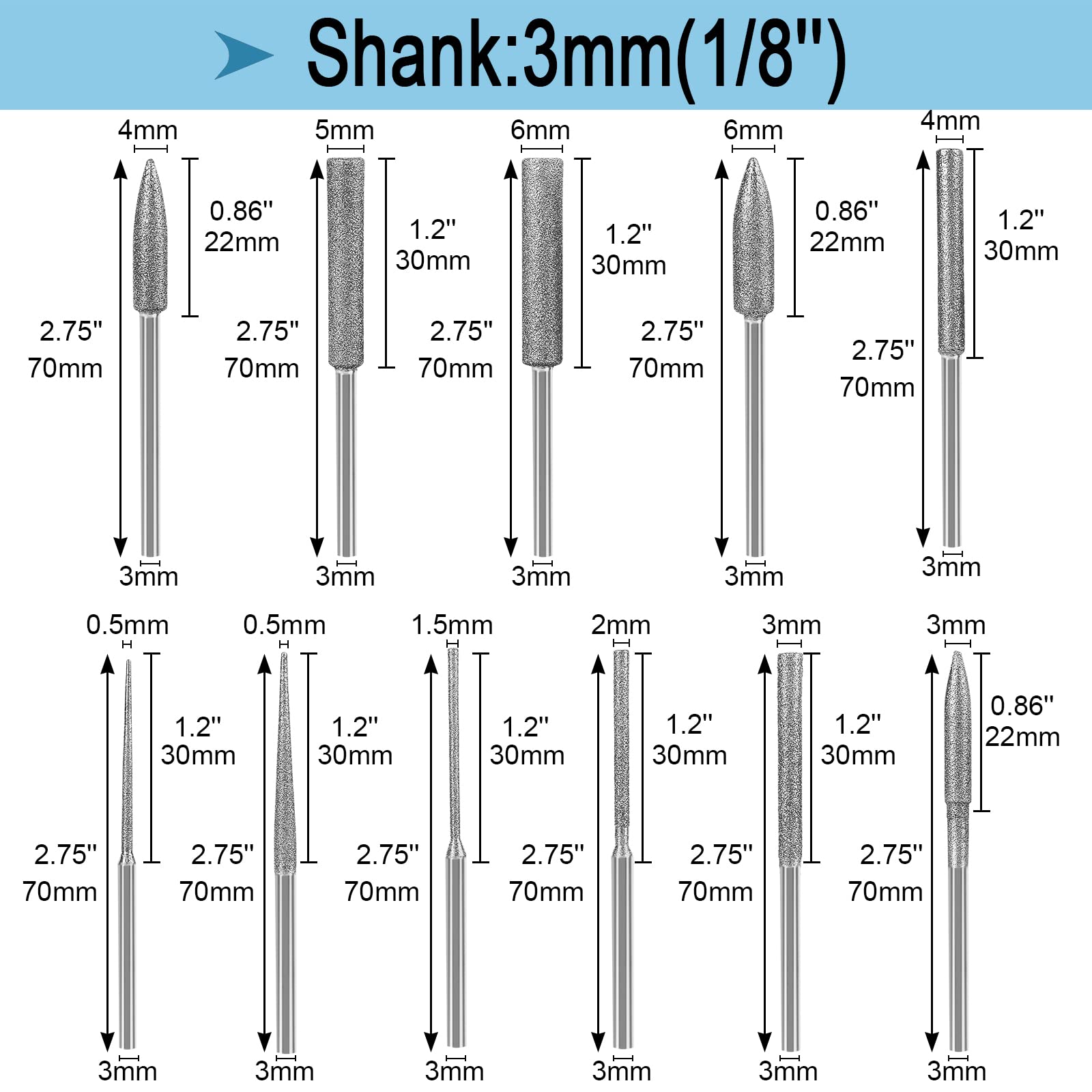 Stone Carving Set Diamond Burr Bits Compatible with Dremel, 11PCS Polishing Kits Rotary Tools Small Long Cone Accessories with 1/8’ Shank For Carving, Engraving, Grinding, Stone, Rocks, Jewelry, Glass