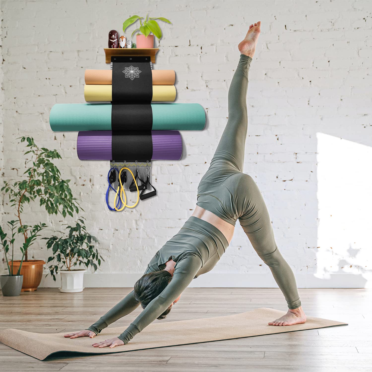 Aconfei Yoga Mat Holder Wall Mount, Yoga Mat Storage Rack with Wood Floating Shelf, Yoga Mat Organizer for Yoga Mat, Foam Roller (Dark Grey)