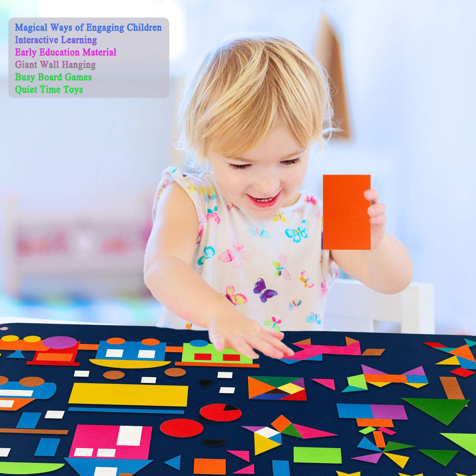 Craftstory 144 Pcs Shapes Felt-Board for Toddlers, Preschool Classroom Must Haves Learning Activities Tangram Toys Teacher Aide 3.5 Ft Large Wall Hang Sensory Activities Kit