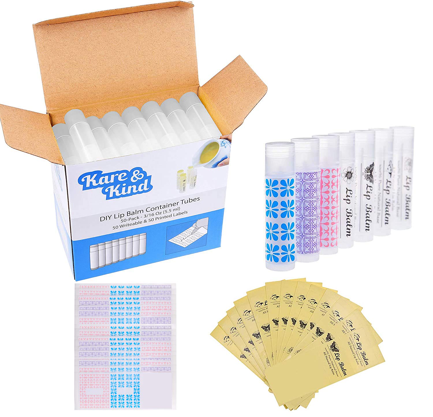Lip Balm Container Tubes - 50-Pack - DIY - Transparent- 3/16 Oz (5.5 ml) - Including 50 Writeable & 50 Printed Lip Balm Stickers - Twist Mechanism and a Cap - Empty