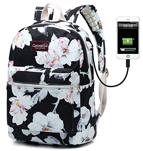Canvaslove Canvas 15.6 inch Waterproof laptop backpack with USB Charging Port and Massage Cushion Straps for laptop up to 15 inch Men Women Outdoor Travel Backpack (Lotus)