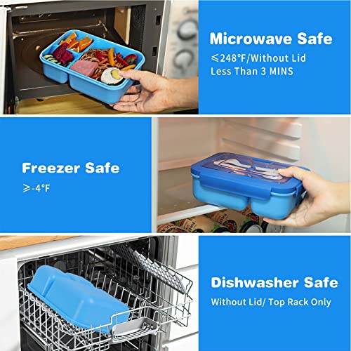 Caperci Premium Bento Box Adult Lunch Box for Older Kids - Leakproof 44 oz 3-Compartment Lunch Containers for Adults and Teens, Ergonomic Design, Built-in Utensil Set & BPA Free (Blue)