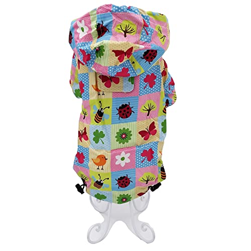 Dog Raincoat Hooded Leash Hole Waterproof Rain Coat Jacket Rainwear for Small Pet Cat Puppy (L: Length - 16", Square Multicolor)
