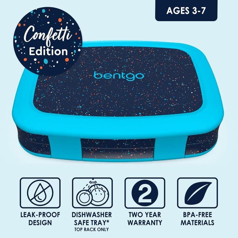 Bentgo® Kids 5-Compartment Lunch Box With Kids 2-in-1 Backpack & Insulated Lunch Bag (Confetti Edition - Abyss Blue)