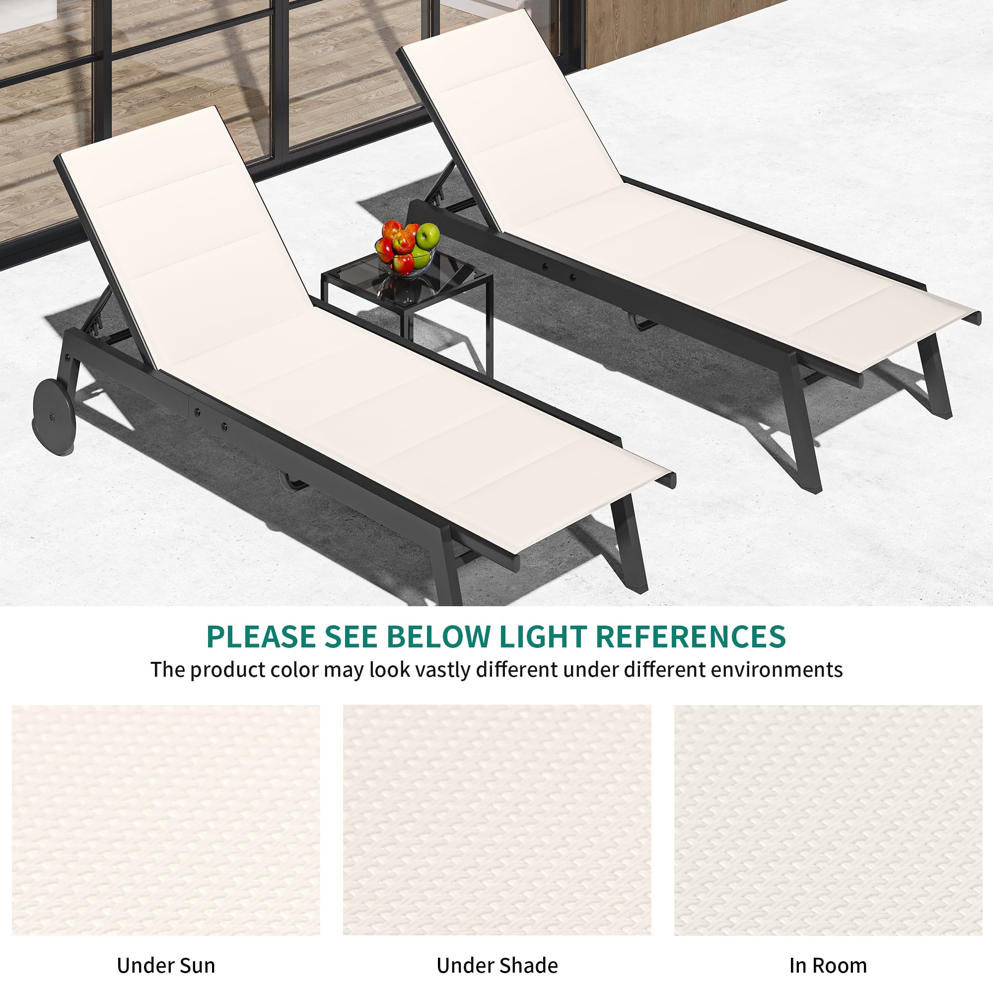 YITAHOME Outdoor Chaise Lounge Chairs Set with Side Table, Padded Fabric Poolside Loungers with Aluminum Frame, Adjustable Backrest, Wheels for Pool Beach Patio Lawn Porch (Beige)