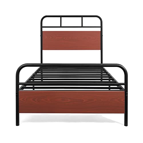 CAPHAUS Round Corner Metal Bed Frame with Modern Wood Headboard and Footboard, Mattress Foundation, Metal Platform Bed with Premium Steel Frame, Noise-Free, No Box Spring Needed, Twin Size, Walnut