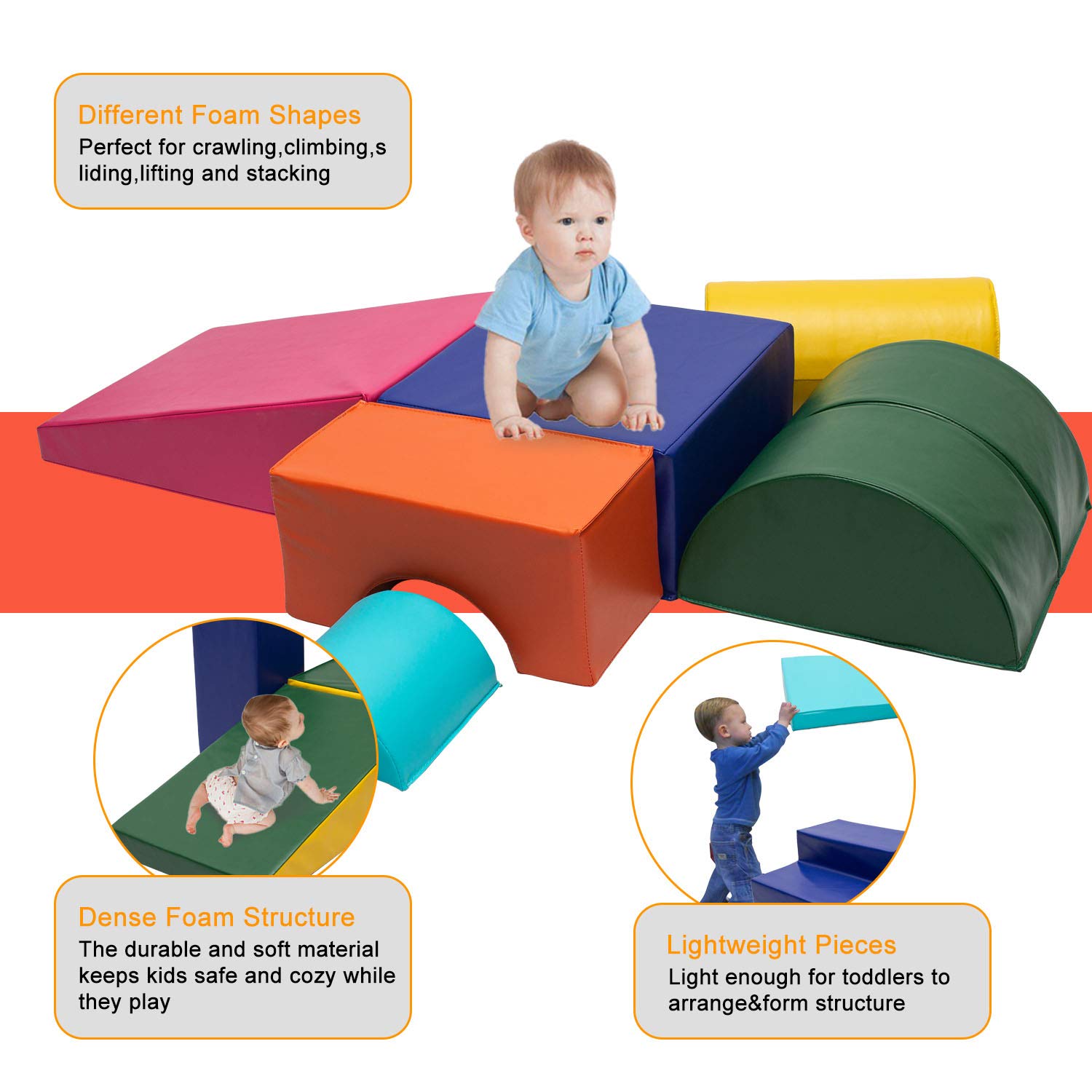 Crawl and Climb Foam Play Set, Colorful Fun Foam Play Set, 6 Piece Lightweight Interactive Set, Children’s Software Composite Toy for Indoor Active Play, Crawling, Climbing, Sliding (6PCS-COLORFUL)