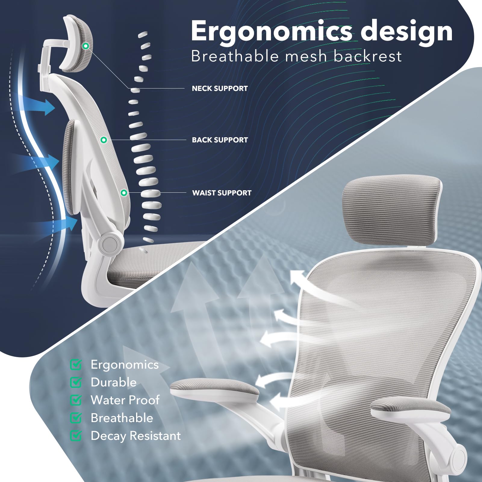 ACCHAR Ergonomic Office Desk Chair, Computer Mesh Home Task Chair, Swivel Rolling Chair with Flip-up Arms, 4-Way Adjustable Lumbar Support and Headrest (Grey and White)