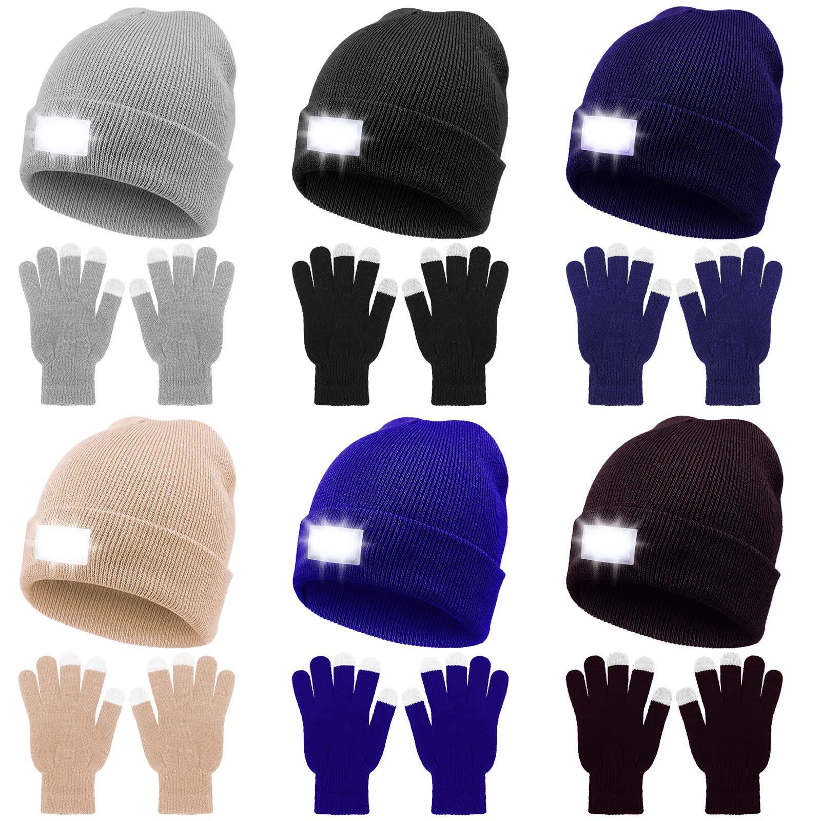 6 Sets LED Lighted Beanie Hat and Winter Gloves Set Beanie Hat with Light Touch Screen Knit Gloves 5 LED Hat Headlamp (Dark Color)