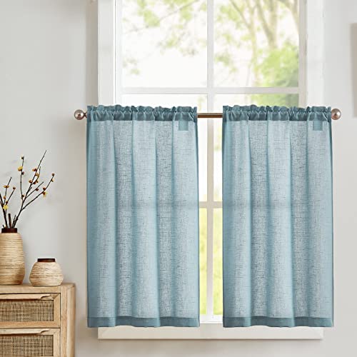 COLLACT Kitchen Curtains Linen Curtain Light Filtering for Bathroom Tier Curtains Sets Short Small Cafe Curtains Rod Pocket Basement Back French Door Half Window Curtains 2 Panels Blue 24 Inch Length