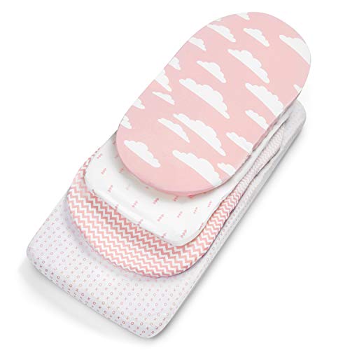 Bassinet Bed Sheets β Premium Bassinet Fitted Sheets 4 Pack β 100% Jersey Knit Cotton Cradle Sheets β Bassinet Bedding for Standard Size Oval or Halo Bassinet Pads β Bassinet Sheet for Girl