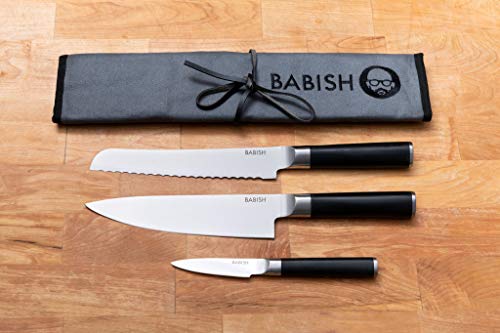Babish German High-Carbon 1.4116 Steel Cutlery, 3-Piece (Chef Knife, Bread Knife, & Pairing Knife) w/Kitchen Knife Roll