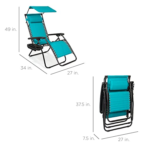 Best Choice Products Folding Zero Gravity Outdoor Recliner Patio Lounge Chair w/Adjustable Canopy Shade, Headrest, Side Accessory Tray, Textilene Mesh - Peacock Blue