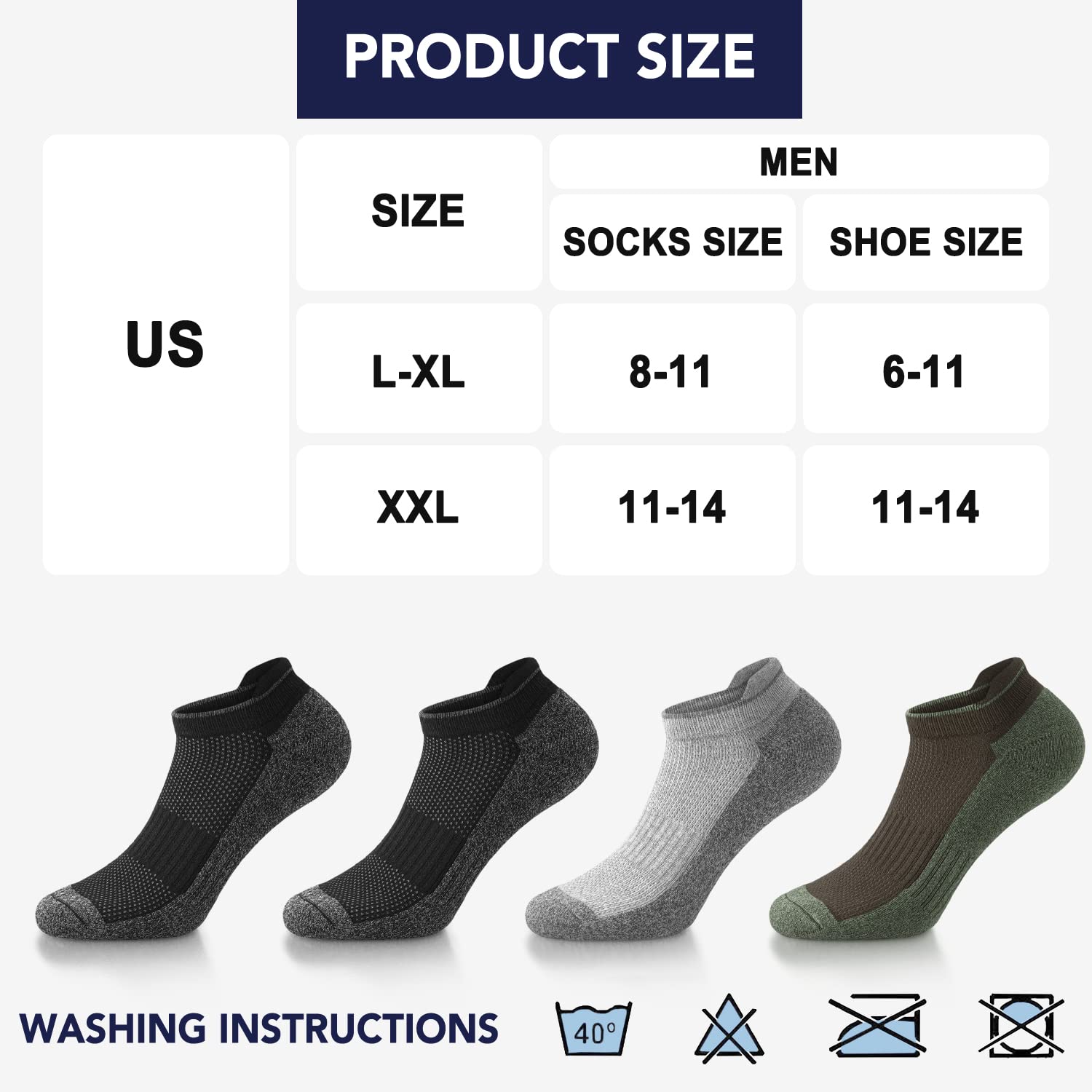 ACTINPUT Men's Ankle Low Cut Athletic Performance Comfort No Show Running Cushion Socks Tab L and XXL (White,L/XL)