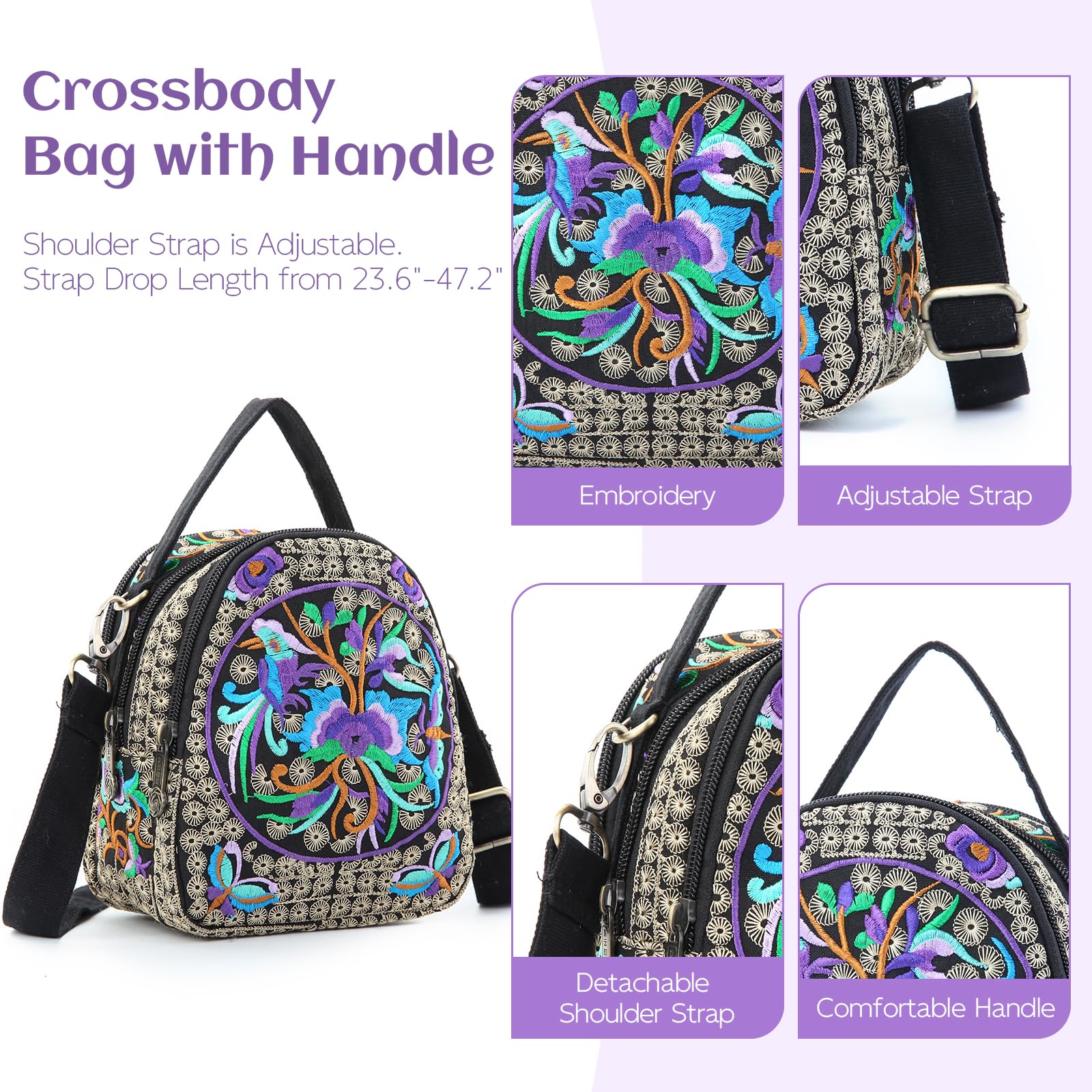 Embroidery Canvas Shoulder Bag Women Vintage Boho Mini Crossbody Bag Handbag Cell Phone Pouch (Purple)