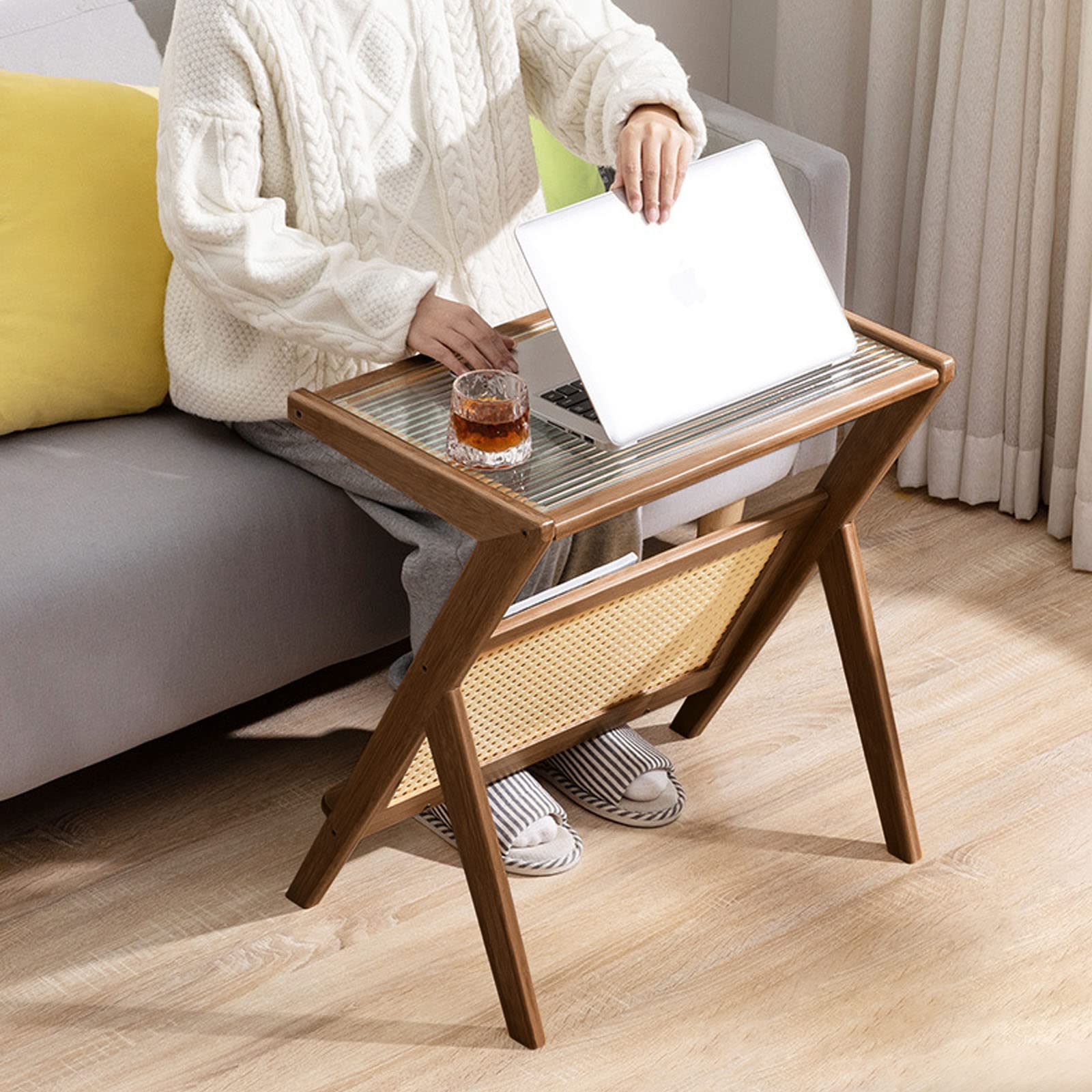 RêveLife Rattan End Table with Magazine Rack Glass-top Bamboo Sofa Side Table Accent Bedside Nightstand Boho Z Shaped Coffee Table for Bedroom Living Room Small Space, Walnut