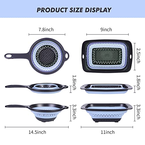 COMUSTER SET - 2 Collapsible Colanders (Strainers), Sizes 7.8" - 2 Quart and 9" - 3 Quart - Perfect for Your Vegetables, Fruits, Pasta & More - With Handle and Square Folding Colander (Blue )