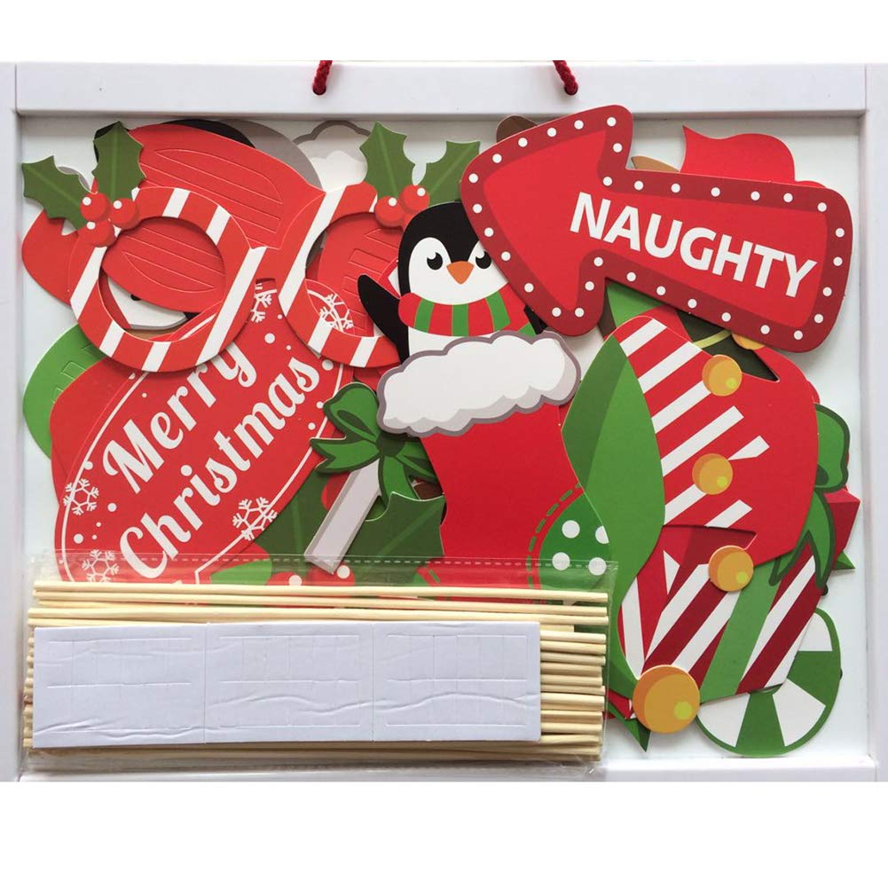 Christmas Photo Booth Props 32Pcs(Upgraded Version), Merry Christmas Party Pose Sign, Red and Green Christmas Party Supplies Decorations for Kids Adults