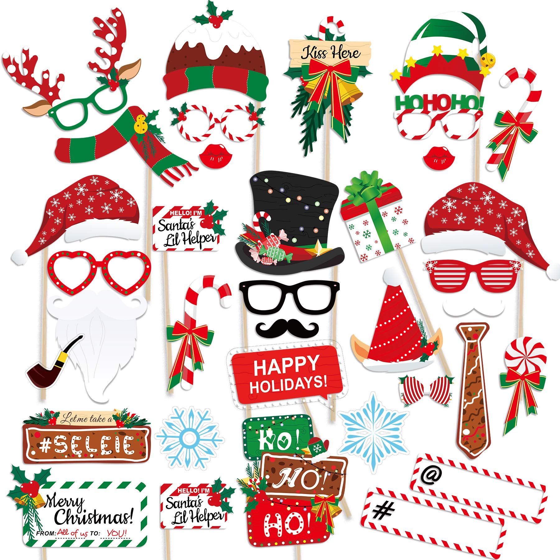 Christmas Photo Booth Props 36Pcs（Upgraded Version）, Christmas in July Party Supplies, Merry Christmas Party Pose Sign, Red and Green Christmas Party Supplies Decorations for Kids Adults