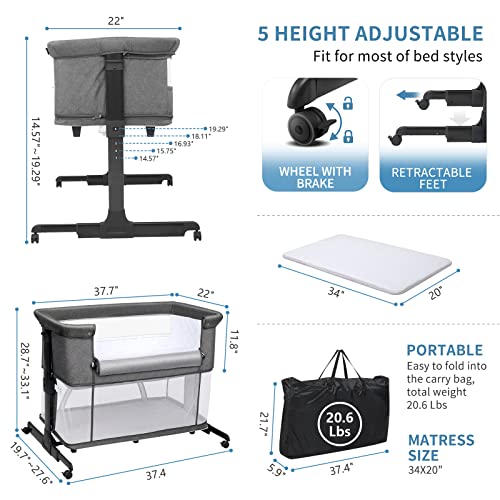 JOYMOR 4 in 1 Baby Bassinet,Bedside Sleeper Height Adjustable,Portable Playpen Nursery Center, Easy Folding for Travel,Includes Mattress,Carry Bag,Detachable Net