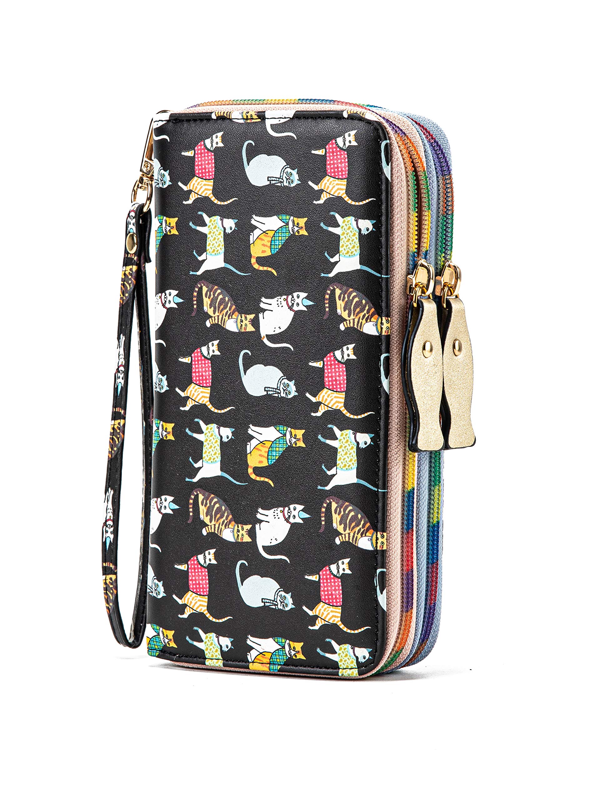 Ecohaso Womens Wallet, Large Capacity Cellphone Wallets Cute Cat Pattern, Double Zipper Long Leather Wristlet Clutch Purse