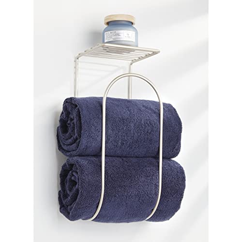 mDesign Modern Metal Wire Wall Mount Towel Rack Holder and Organizer with Storage Shelf - for Bathroom Towels, Washcloths, Hand Towels - Decorative Curved Design - Satin
