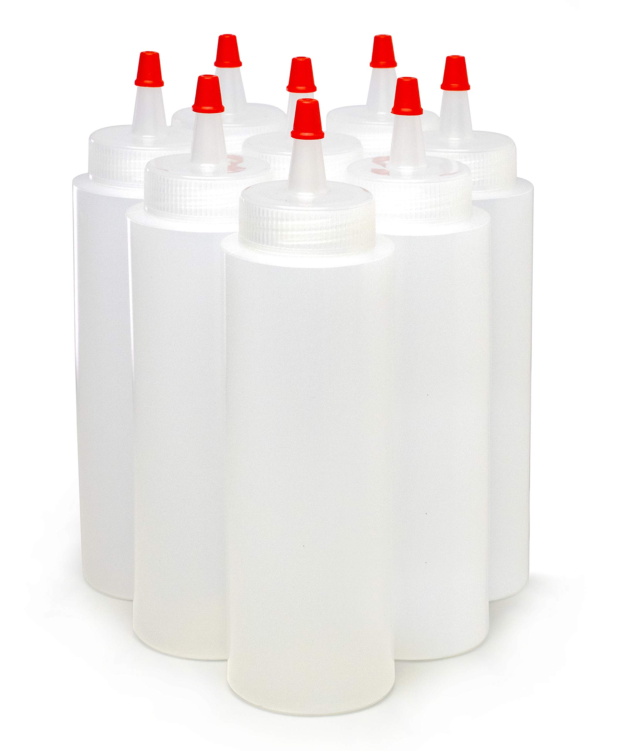 Bastex 8-ounce Plastic Squeeze Bottles Pack of 8. Clear Bottles with Yorker Red Caps. Perfect for Arts and Crafts Food Glue Paint or any DIY Liquids. Multiple Purpose Refillable, Reusable Containers.