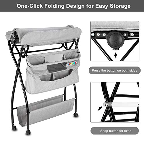 JOYMOR Portable Diaper Changing Station,Folding Baby Changing Table for Infant, Moblie Diaper Changing Table with Wheels, Large Storage Basket & Shelf Portable Nursery Organizer (Grey)