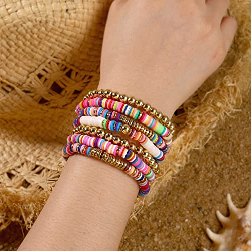 CONRAN KREMIX Colorful Surfer Heishi Clay Bead Stretch Bracelet For Women Stackable Colorful Beaded Bohemian Fashion Jewelry