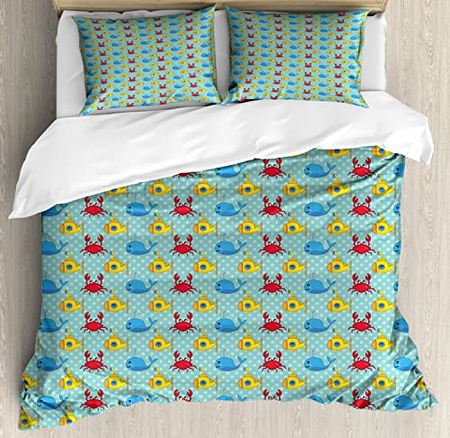 Ambesonne Yellow Submarine Duvet Cover Sets, Underwater Life Theme Pattern Submarines Whales and Crabs Print, Bedding Set with 2 Duvet Covers & 4 Pillowcases, 2 Pack Queen Size, Aqua and Mustard