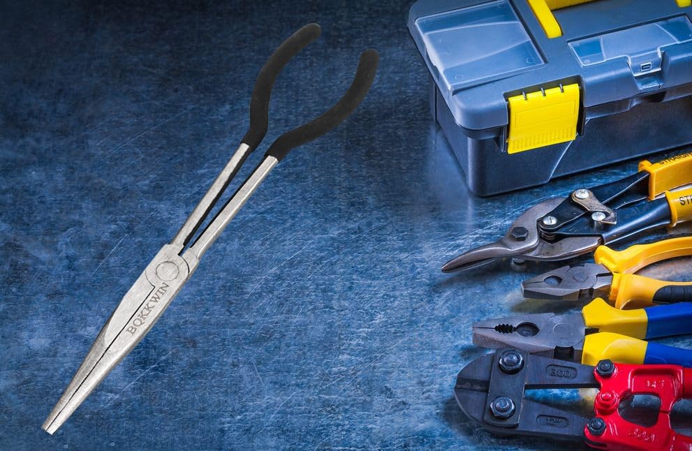 BQKKWIN 1 Piece 11 Inch Long Reach Pliers Set - Long Needle Nose Pliers Sets - Straight, Designed for Mechanics, Technicians, and Contractors| Milled-Jaws | Steel