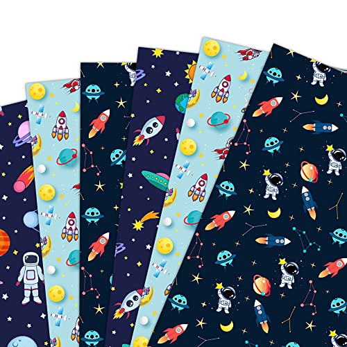 Birthday Wrapping Paper 6 Sheets Gift Wrap 20 x 30 inches per sheet (Folded Flat 6 sheets in 3 Designs: 26 sq. ft. ttl.), Astronaut Solar System Planets Rocket Alien Galaxy Pattern- for Space Lover Boys Kids Baby Shower Kindergarten Party