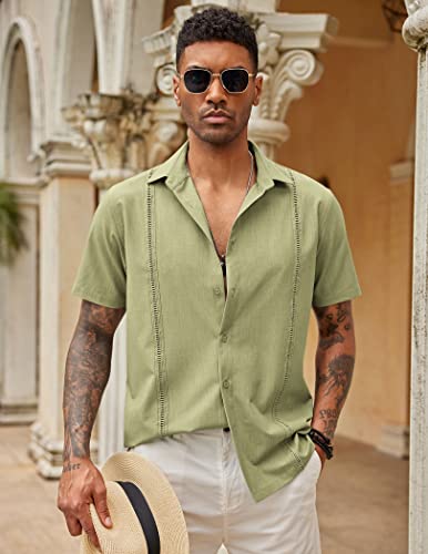 COOFANDY Men's Casual Dress Shirt Solid Short Sleeve Button Up Summer Shirts Cuban Shirt## Light Green