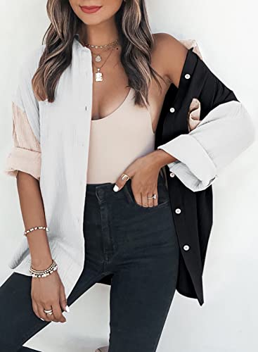 Dokotoo Women's Comfy Color Block Button-Up Shirt, Roll-Up Long Sleeve, Soft Oversized Boyfriend Top, Beach Cover, Black XL