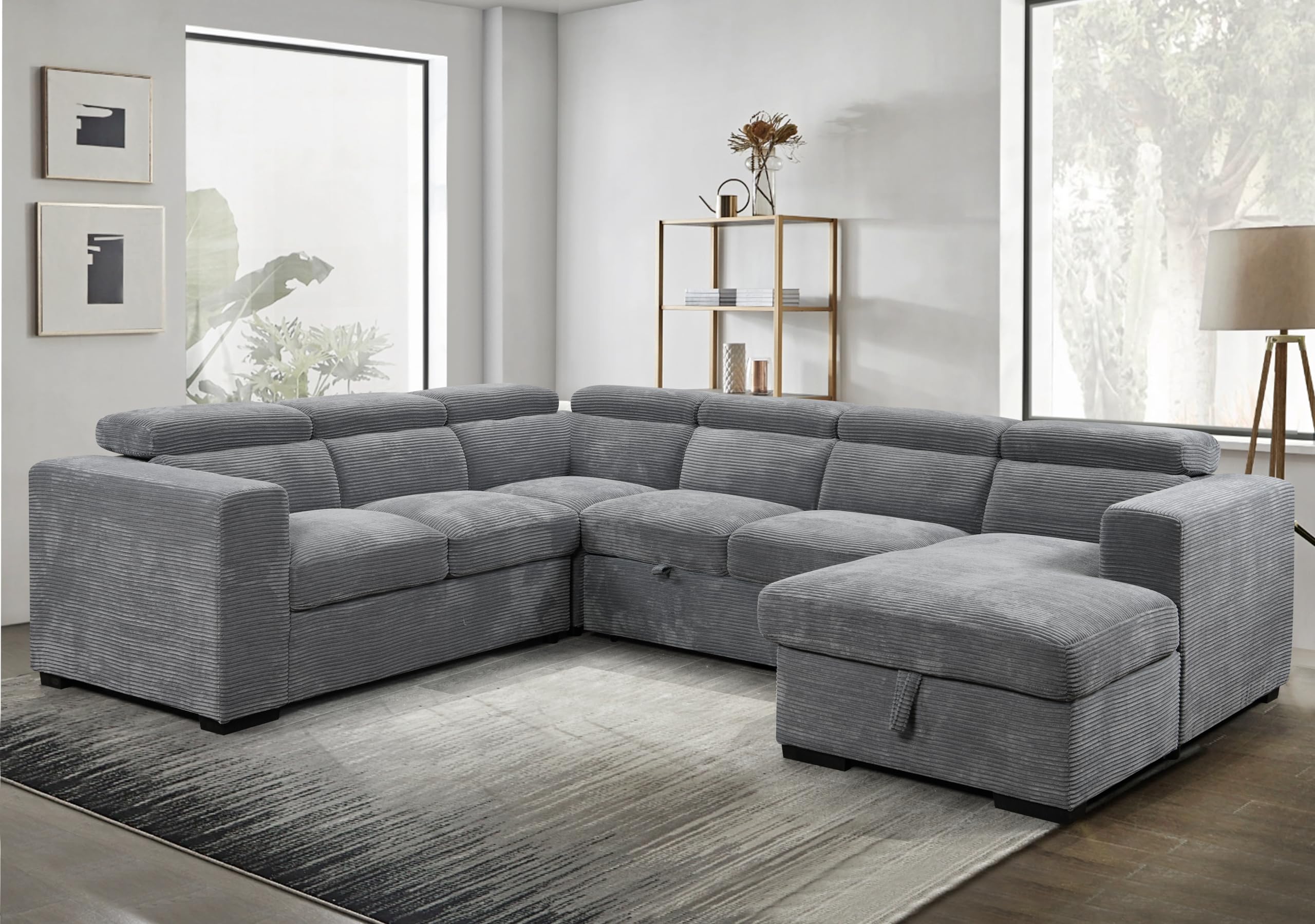 THSUPER 146'' Oversized Sectional Sleeper Sofa with Chaise Lounge and 2 Pull-Out Bed, 7-Seater U-Shaped Sectional Couches with Cuddler and 2 Cup Holders for Living Room - Belfast Fabric Dark Grey