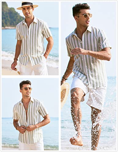 COOFANDY Men's Green Striped Linen Button Up Shirts Short Sleeve Business Casual Shirt
